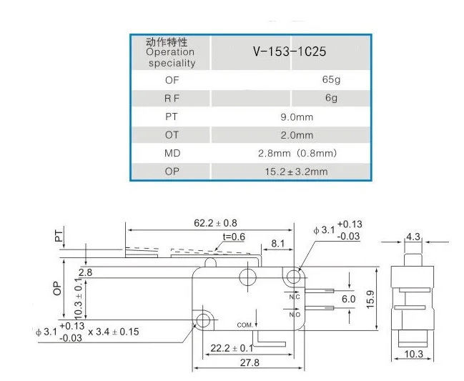 16a 250vac 1/2hp 3 Pin Micro Switch V-153-1c25 - Buy 16a 250vac 1/2hp 3 Pin Micro Switch V-153 ...