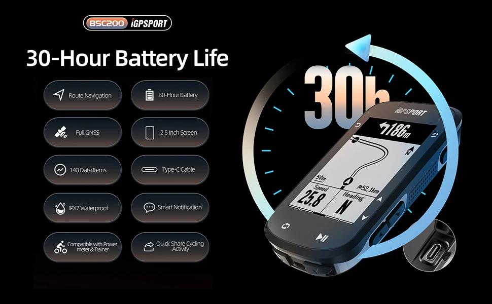BSC200 GPS Bicycle Computer with Route Navigation & 30-Hour Battery Life