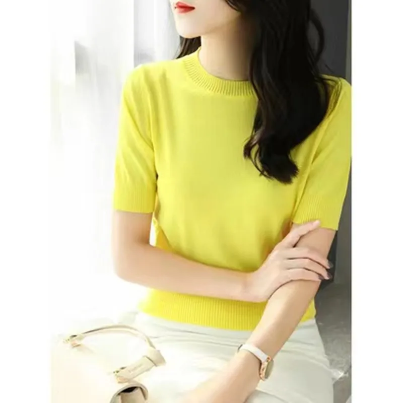 Fashion Woman Blouses 2024 Short Sleeve Summer Women Knitted Blouse Shirt Womens Tops And ...