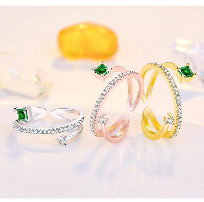 18k Gold Plated Emerald Zircon Double Layer Ring Women's Fashion ...