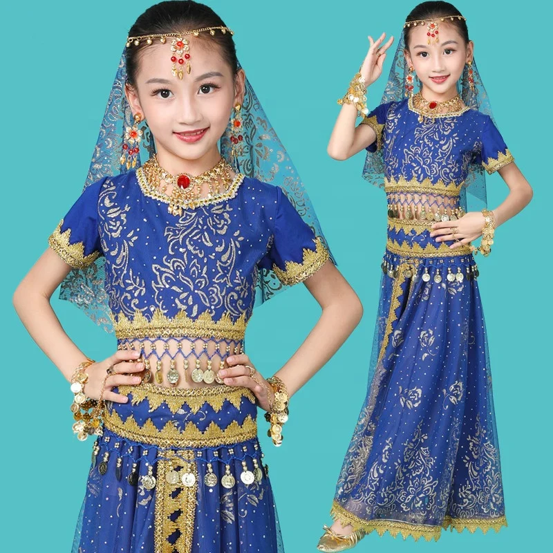 Wholesale Indian Girls Belly Dance Costume Set Tops Skirt Waist Chain