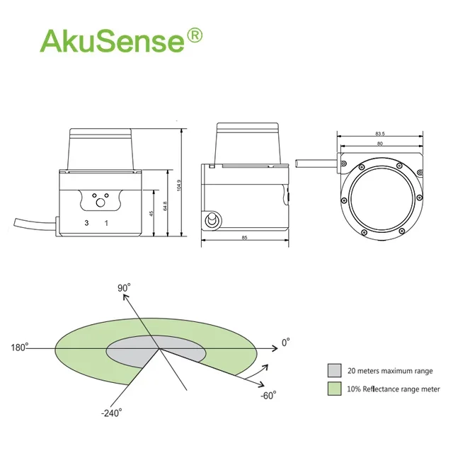 Akusense 20m Lidar Scanner 300 Scanning Degree Laser Rangefinder 0.5/ 0.25 Resolution Laser ...