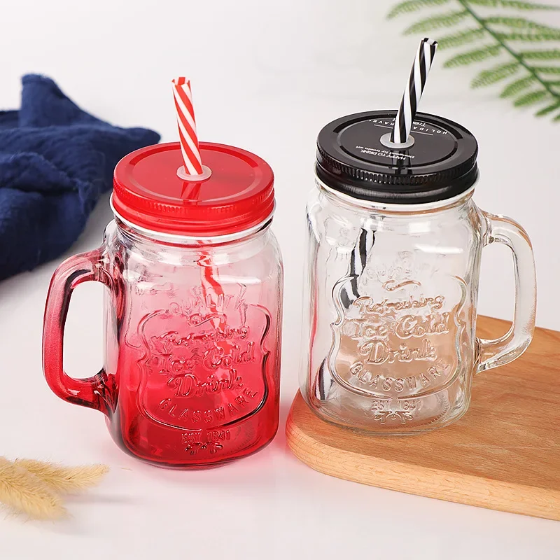 Colorful Square 16oz Glass Mason Jar With Handles Wholesale480ml Mason Jar With Straw - Buy ...
