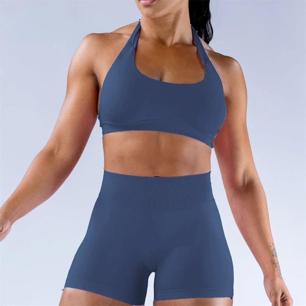 2 Pieces Seamless Yoga Set Women Workout Short Sleeve Sport Crop Top Scrunch Leggings Fitness ...