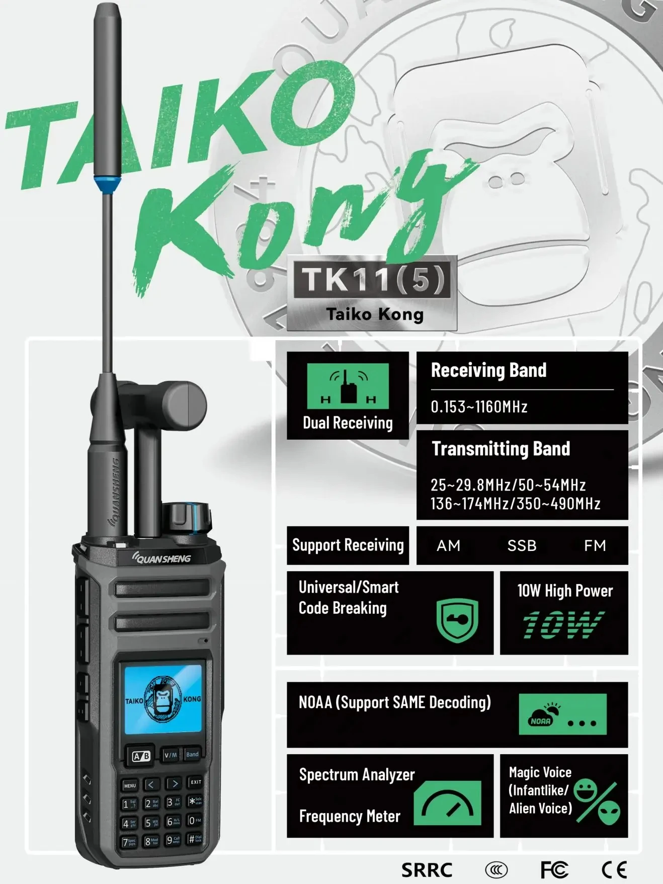 2025 New TK11(5) Quansheng Analog 10W Big Power Large Battery Two Way Radio Walkie Talkie TK11 ...