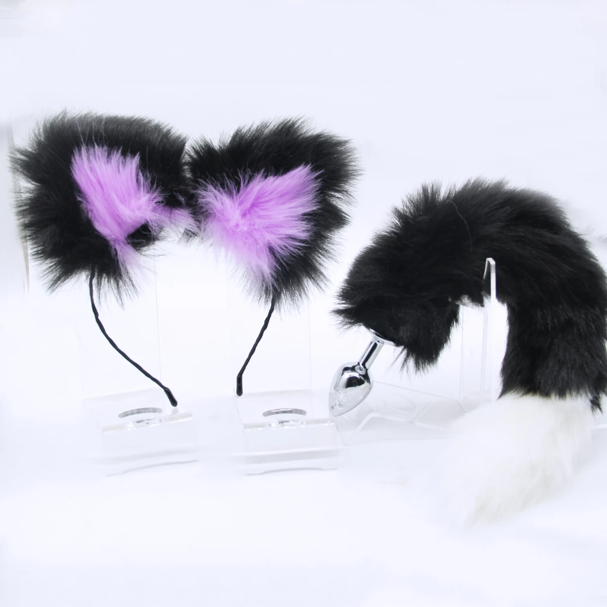 Erotic Cosplay Accessories Set Fox Tails Metal Anal Plug With Cute Ears