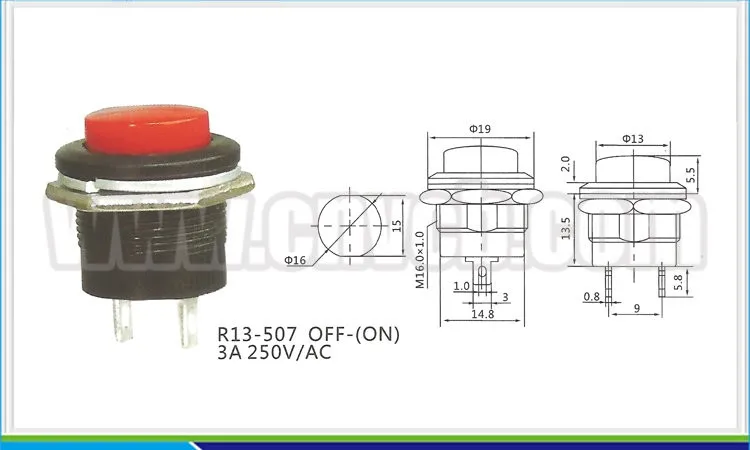 Embedded Push Button Switch NS158 R13-507 off-(momentary ON) 16mm RED Plastic