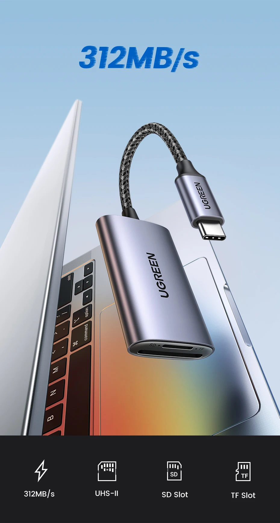 UGREEN Card Reader - 312mb/s USB-C to Sd/microsd Adapter