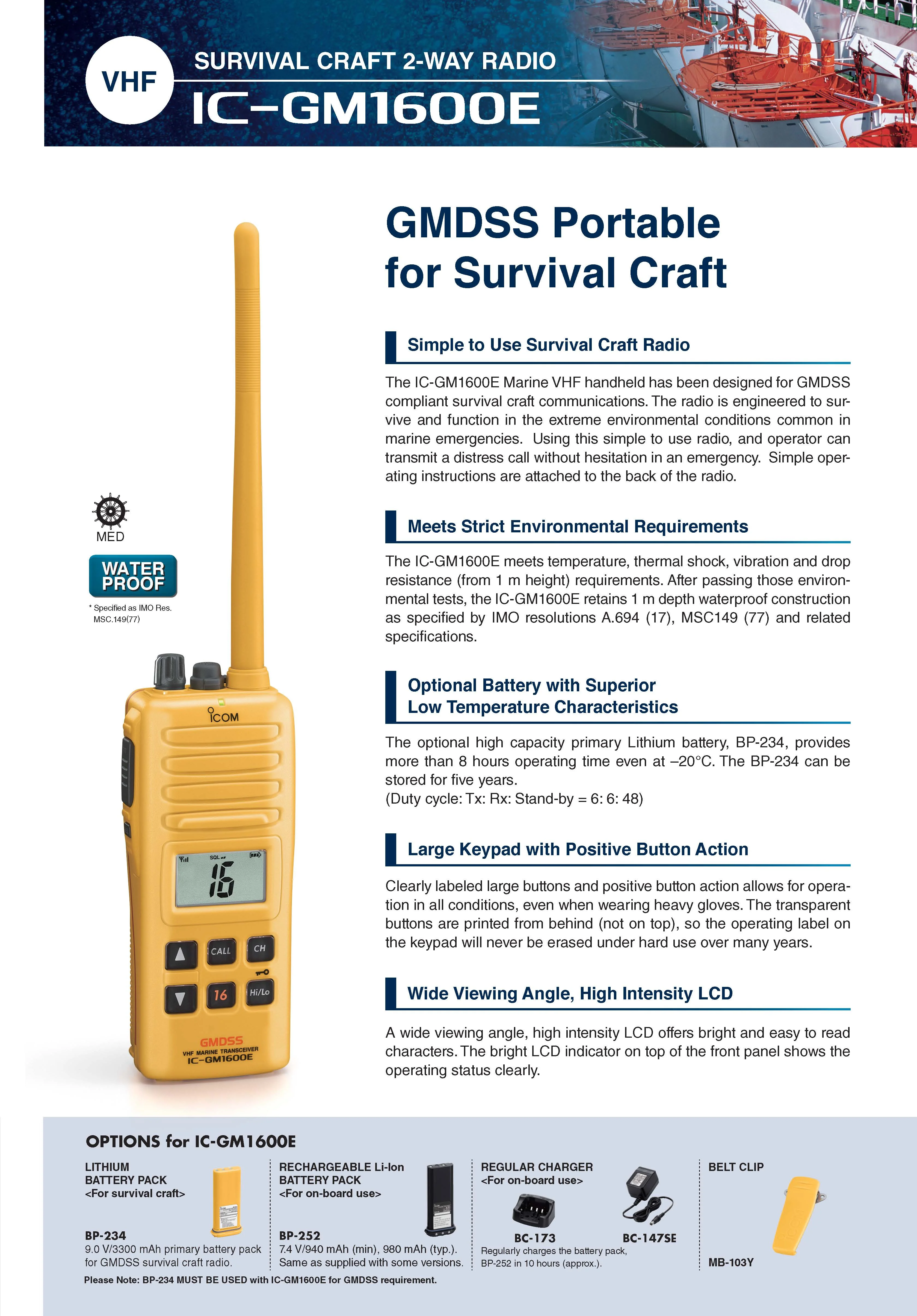 Gmdss Med Imo Gm1600e Portable Vhf Two Way Radiotelephone Life Craft Marine Electronics Maritime ...