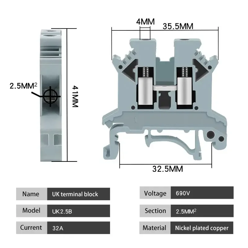 6 Colors Din Rail Uk2.5b Terminal Block Clamp Connector 800v 32a Uk-2.5n 2.5mm Square Universal ...