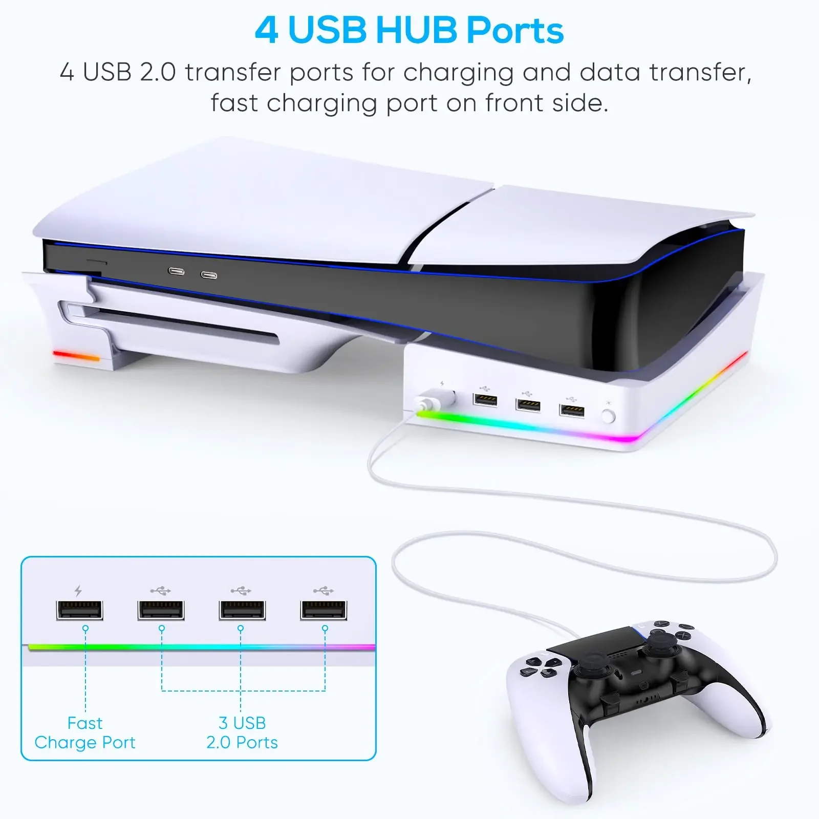 Horizontal Stand For Ps.5 Slim Console Accessories With 14 Light Mode And 4 Usb Hubs Side Stand ...