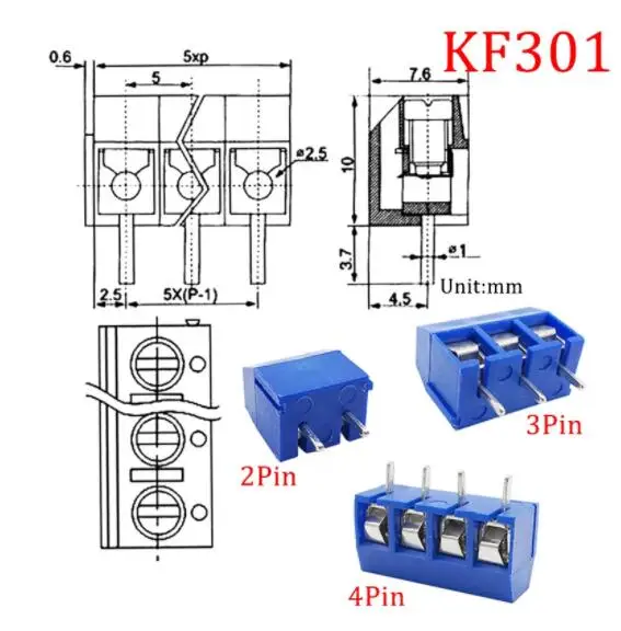 5.08 Blue/green Kf301 Terminal Block 2p/3p/4p Optional 5.0mm Straight Pcb Mount Connector - Buy ...