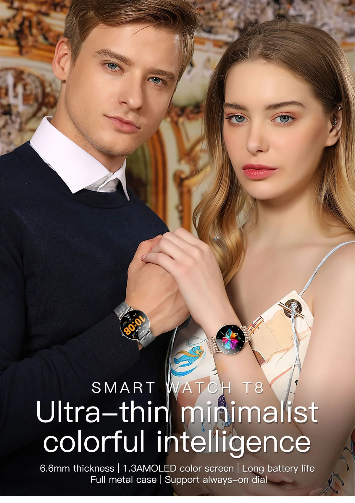 T8 Super Thin Smart Watch T8 with 1.3 Inch AMOLED Screen Support 50 Languages Waterproof ...