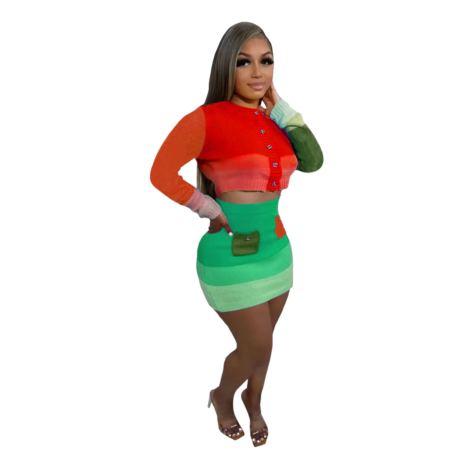Fashion Fall Casual Knit Color Blocking Patchwork Long Sleeve Crop Top