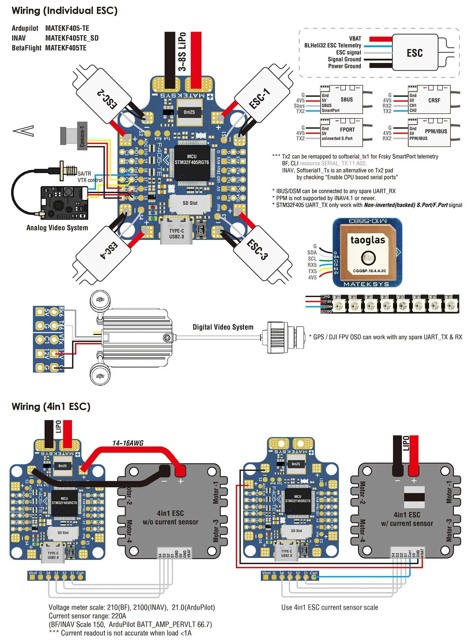 Matek System Mateksys Flight Controller F405-te Stm32f405rgt6 Icm42688p Spl06 Osd Sd Slot 6x ...