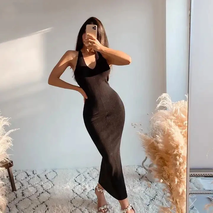 Custom 2023 Lady Women Backless Cross Halter Strap Black Dress Sexy Club V Neck Elegant Party ...