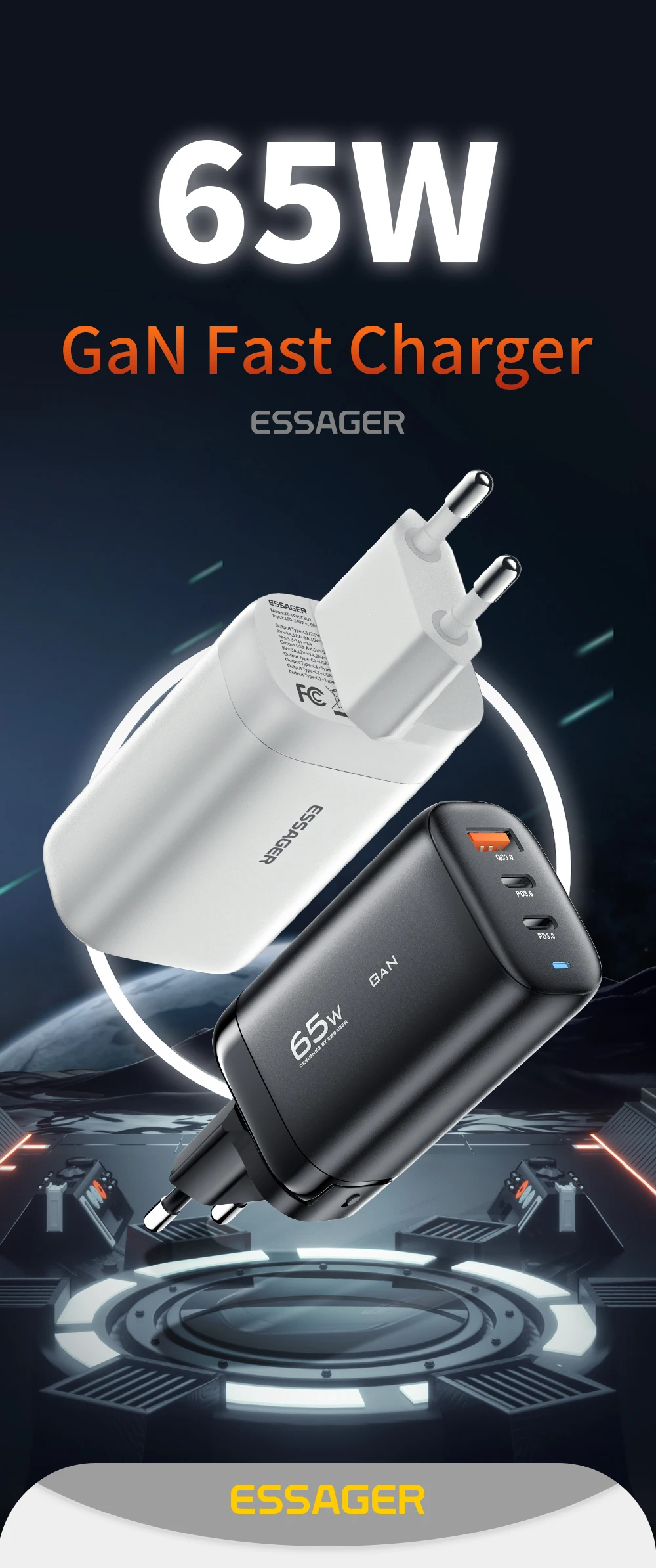 Essager 65W GaN USB C型笔记本电脑充电器PPS 45W 25w快速充电三星QC3.0 PD3.0 iPhone12小米手机| Alibaba.com