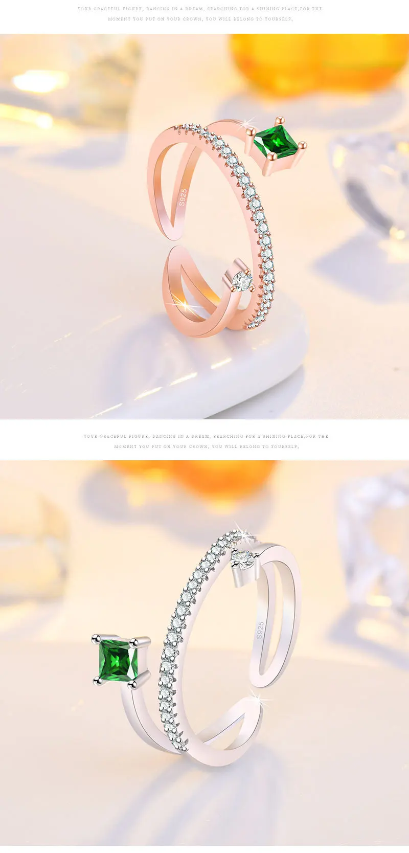 18k Gold Plated Emerald Zircon Double Layer Ring Women's Fashion Jewelry Sparkling Diamond ...