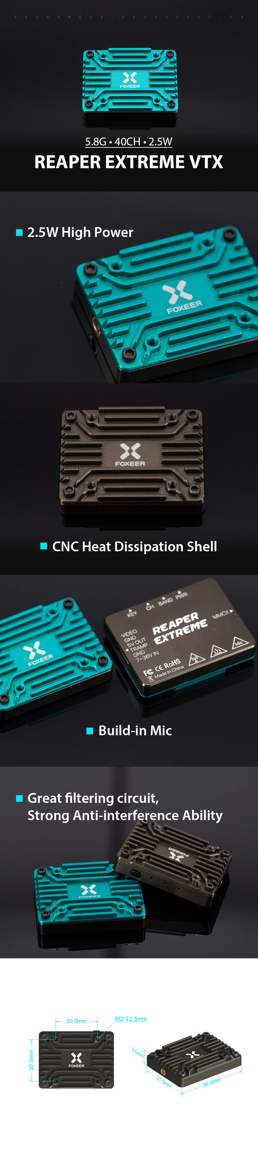 Foxeer Reaper Extreme 2.5w 5.8g 40ch Pitmode 25mw 200mw 500mw 1.5w 2.5w Adjustable Fpv Vtx 2-8s ...