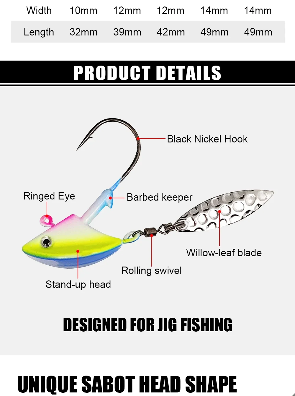 Spinpoler Jig Heads Fishing Hook With Willow Blades Freshwater 3.5g 7g 10g 14g 20g Short Shank ...