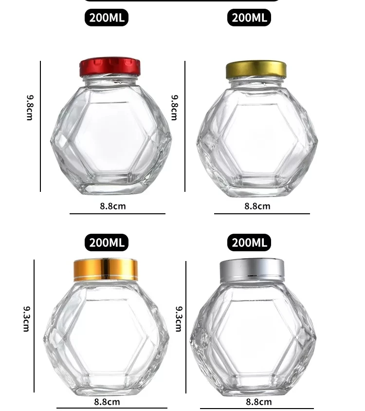 Empty Hexagonal Honey With Wooden Cork Food Grade Glass Packaging Sealed Cans Hexagonal Honey ...