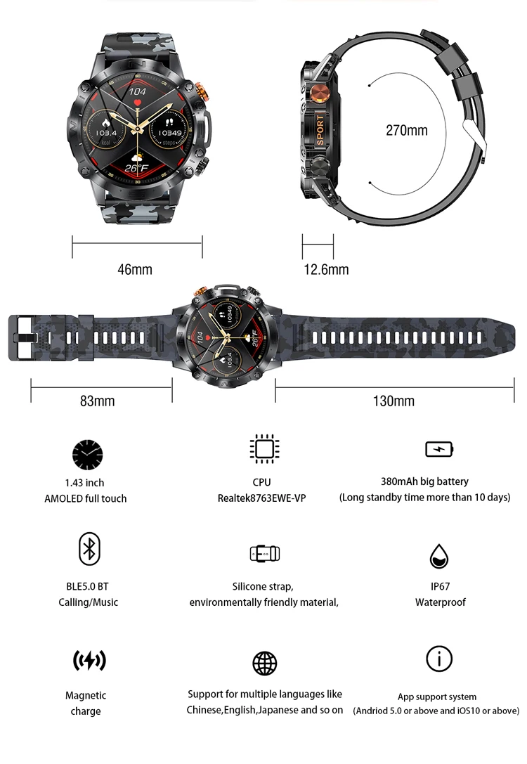 K59 Amoled Smart Watch With 1.43 Inch Screen Bt Call Heart Rate Blood Oxygen Monitor Sports ...