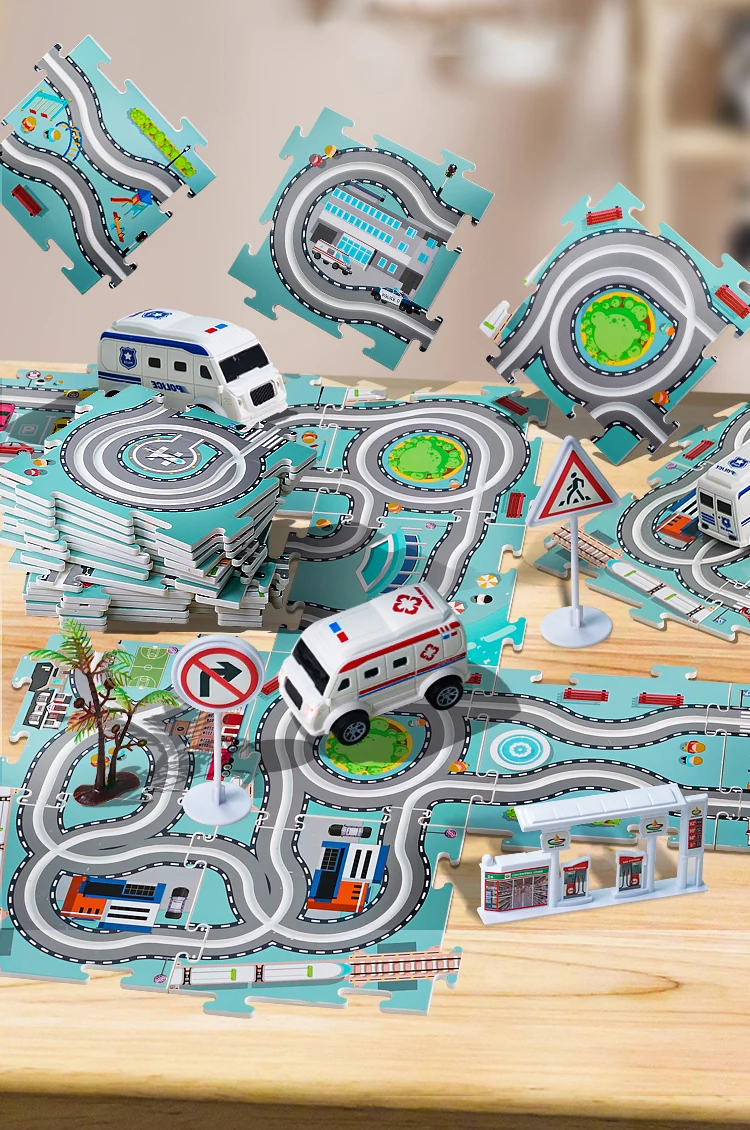 Educational Diy Assembly Jigsaw Railcar Set Board Jigsaw Puzzle Slot Track Car Set With Electric ...