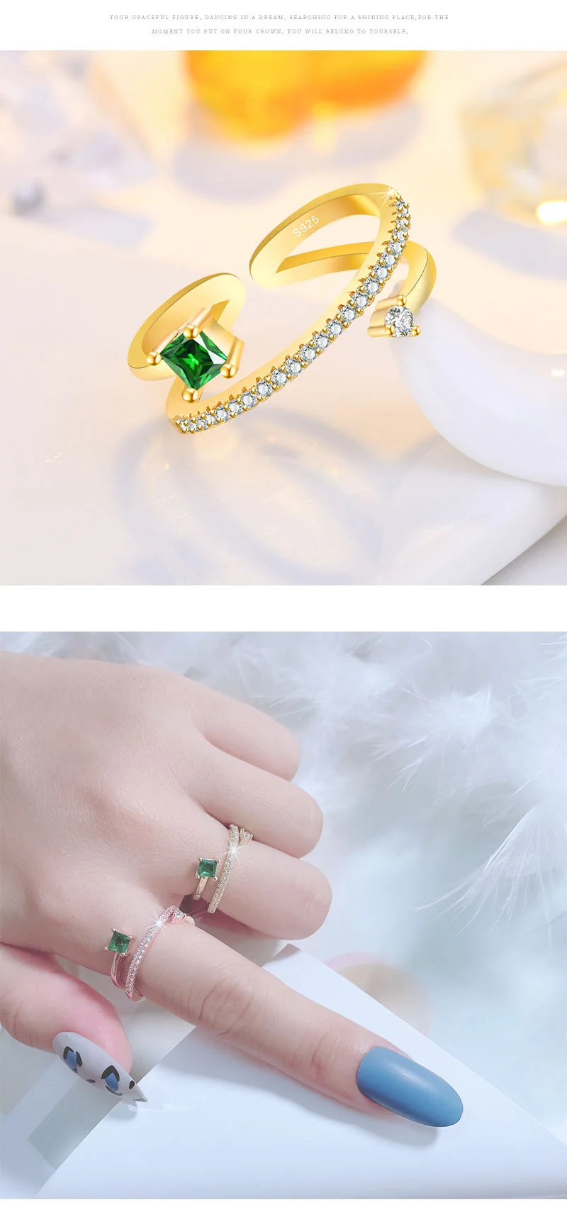 18k Gold Plated Emerald Zircon Double Layer Ring Women's Fashion Jewelry Sparkling Diamond ...