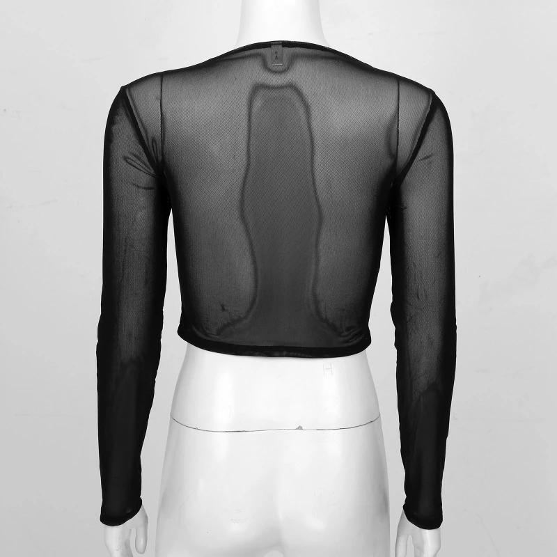Women See Through Mesh Underwire Crop Top Long Sleeve Open Front Sheer T Shirt Tops Nightwear
