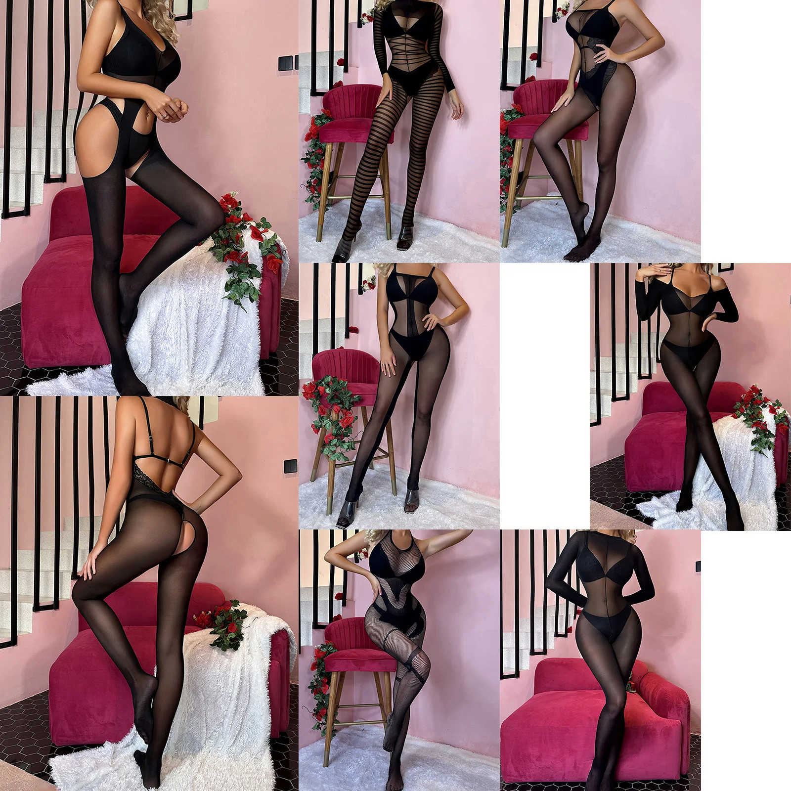 Womens Sexy Black See-through Bodystocking Open Crotch Fishnet Mesh Stretchy Tights Nightwear ...