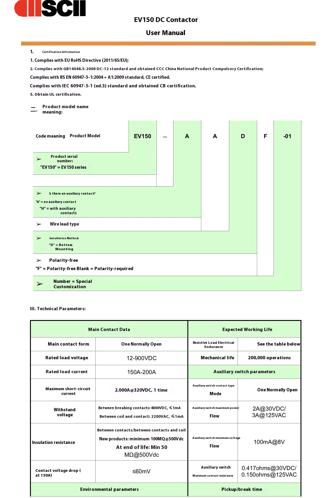 High-voltage DC contactor EV relay EV150-HAD with auxiliary contacts 150A-200A coil voltage DC12 ...