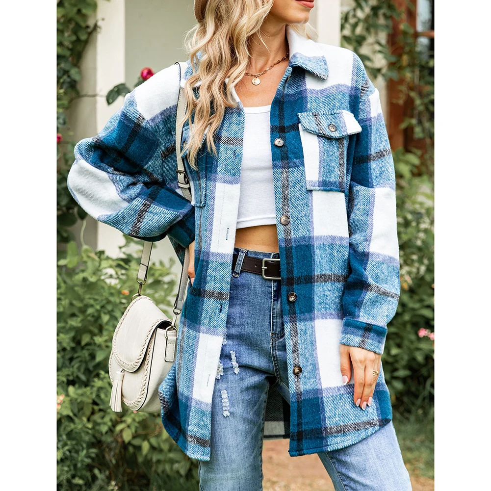 Private Label Winter Clothes Check Print Shacket Plaid Ladies Long ...