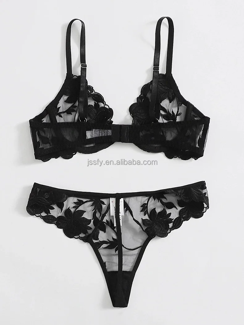 Sfy1798 Women Perspective Lace Underwear Embroidery Bra Thong Set