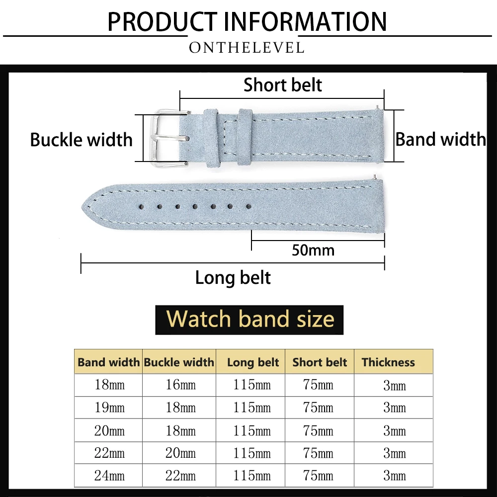 16mm 18mm 19mm 20mm 22mm 24mm Soft Suede Leather Watch Band Blue Watch Straps Stainless Steel ...