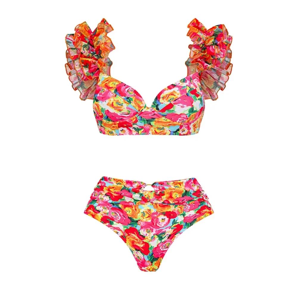 2024 3pc High Quality Ruffle Bikini Set With Cover Up Floral Swimsuit