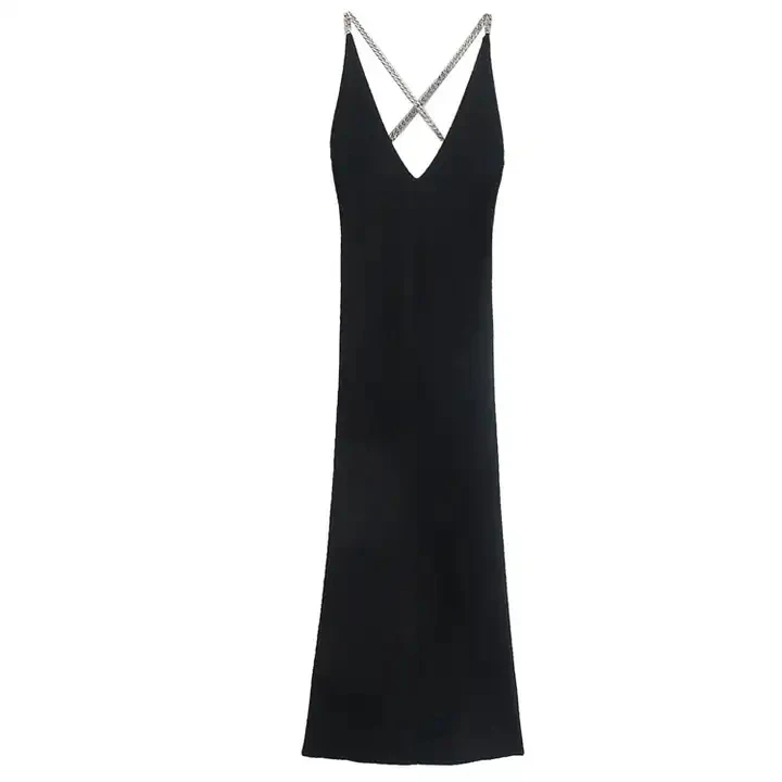 Custom 2023 Lady Women Backless Cross Halter Strap Black Dress Sexy Club V Neck Elegant Party ...