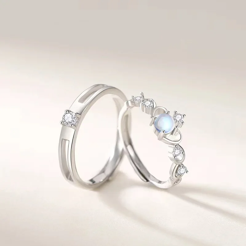 Korean Style Moonlight Stone Couple Rings For Women Men Crown Rhinestone Ring Valentine's Gift ...