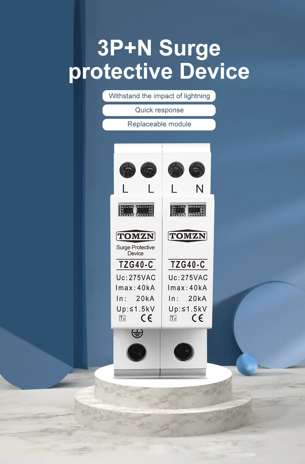 TOMZN AC SPD 4P 3P+N 36mm 20KA-40KA 275V Surge Protector
