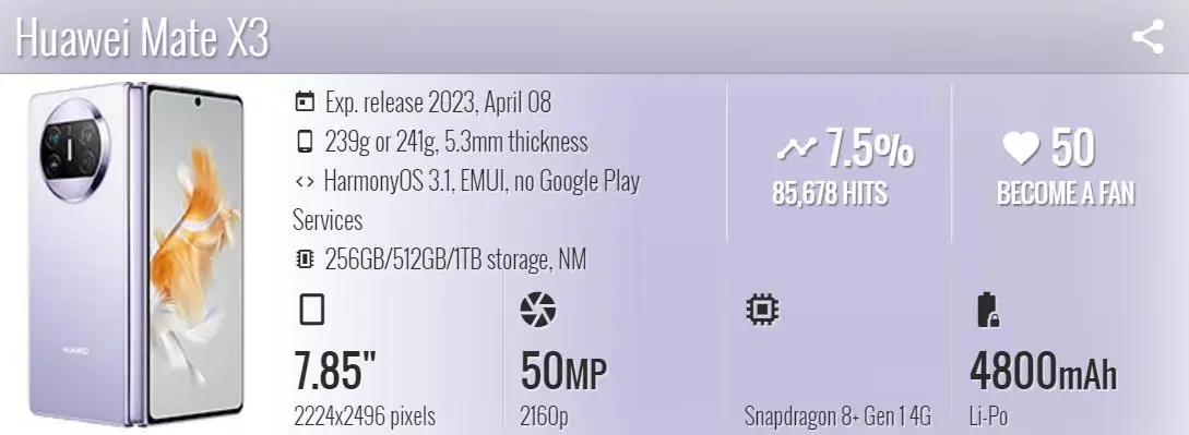 Huawei Mate X3 Folded Screen Mobile Phone Snapdragon 8+ Gen 1 Octa Core HarmonyOS 3.1 50MP Rear ...