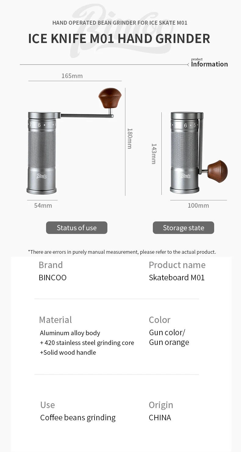 BINCOO Coffee Bean Grinder - Manual & Adjustable CNC Steel Core
