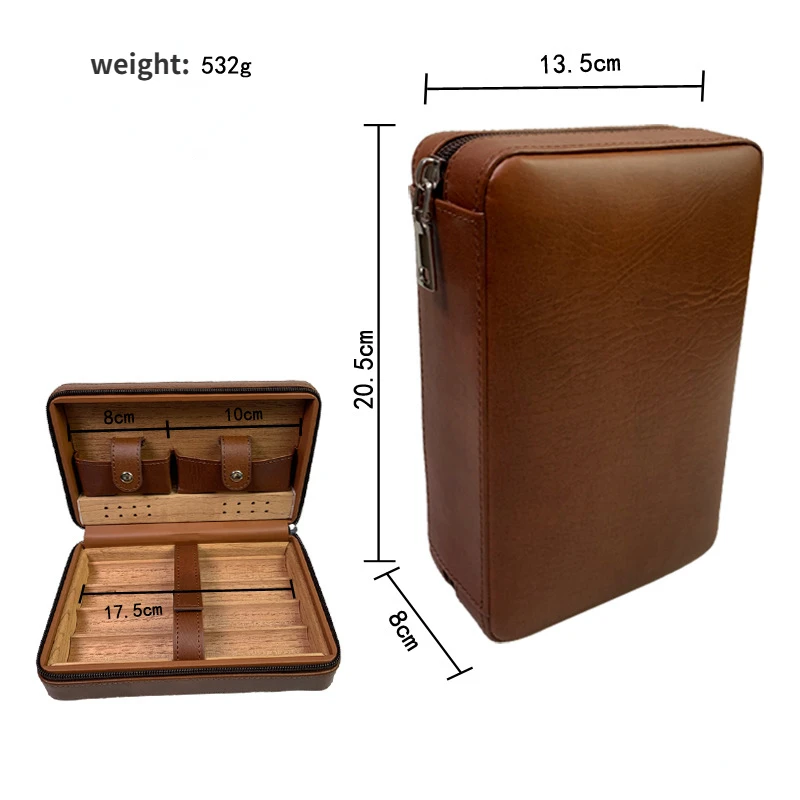 Spot Portable Cigar Box Two-layer Leather Cigars Case Set Cedar Wood Pack 4 Cigars Box Humidor ...