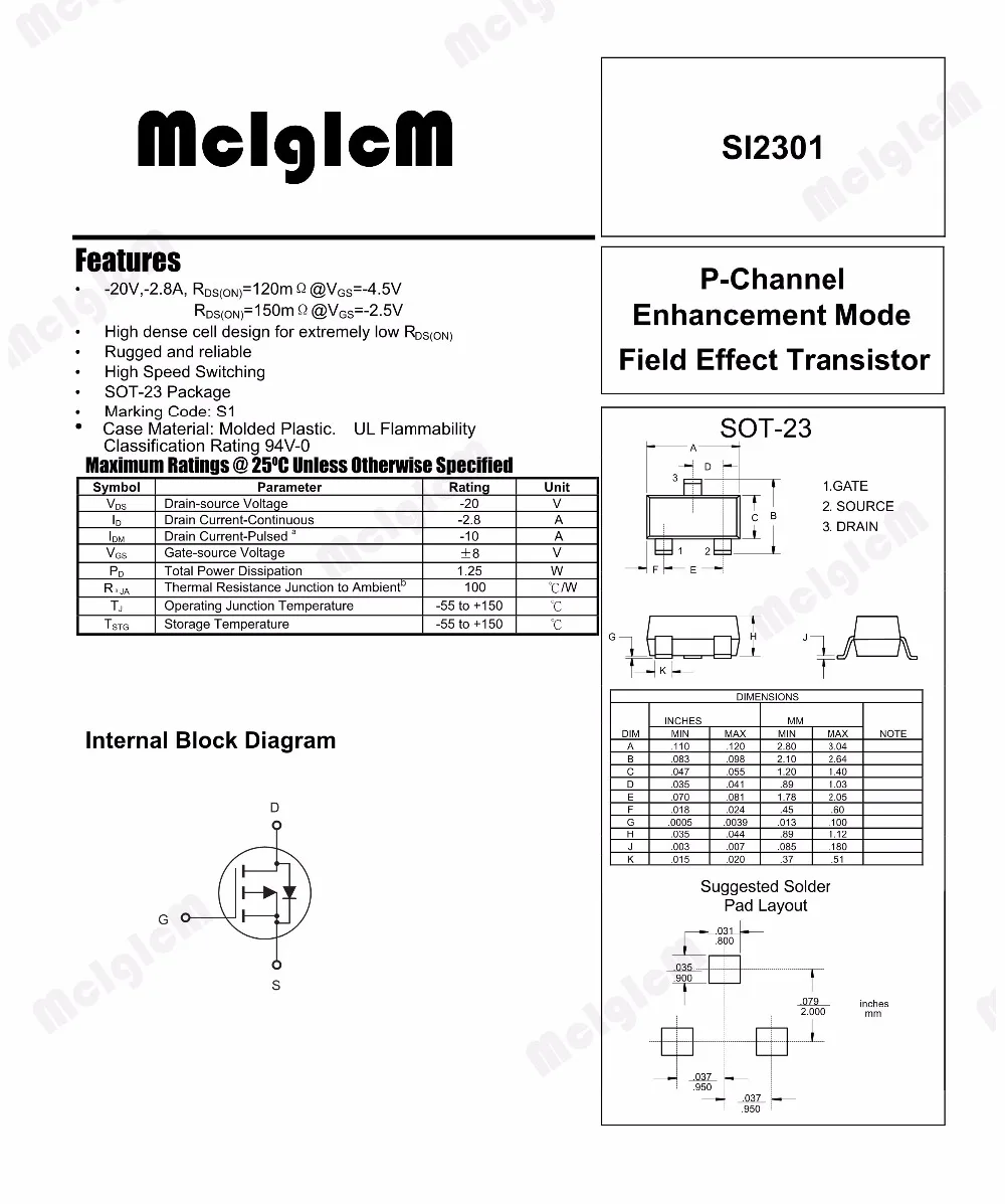 Mcigicm Si2301 Smd Mosfet Transistor Sot-23 Si2301 Mosfet P-ch 20v 3.1a Sot23-3 - Buy Mosfet ...