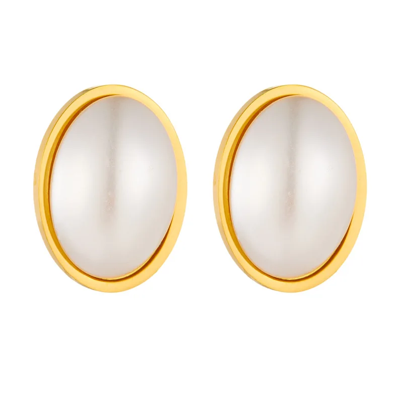 Stylish 18k Gold Plated Korean Stud Earring New Oval Shape Vintage Pearl Stud Earrings ...