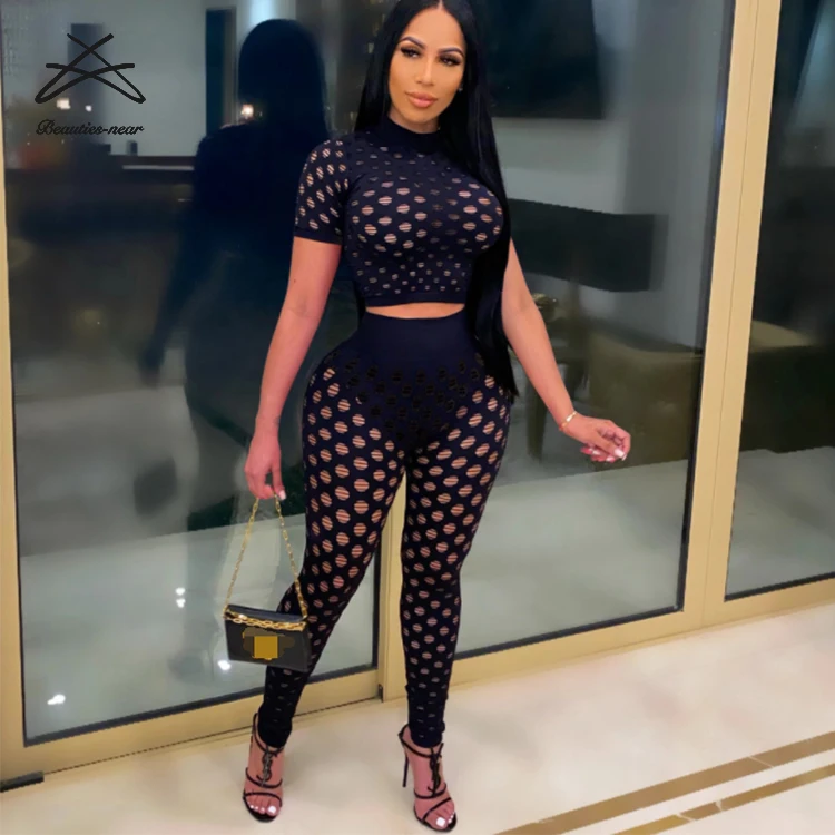 2021 Sexy Openwork Crop Top And Pants Hole Look Through Wear Summer Two Piece Outfits 2 Piece ...