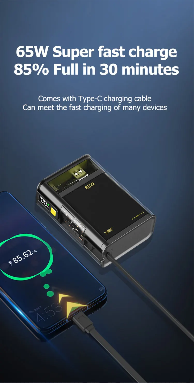 2023 New Arrival Transparent Powerbank 20000mah Fast Charging Pd 65w Portable Charging Power ...