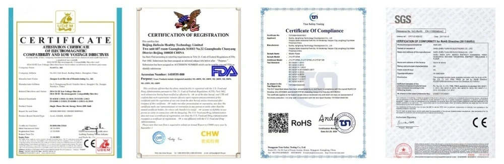 Product certifications including CE, RoHS, FDA, SGS