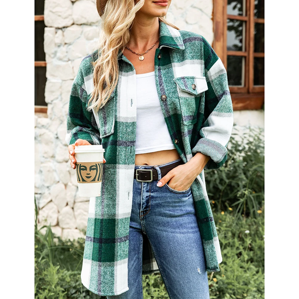 Private Label Winter Clothes Check Print Shacket Plaid Ladies Long ...