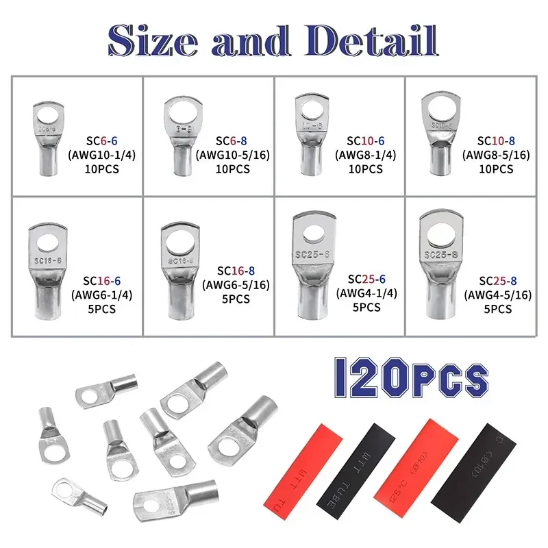 120pcs Sc Terminal Battery Wire Welding Cable Lug Connectors Kit With Heat Shrink Tube Sc6-6 ...