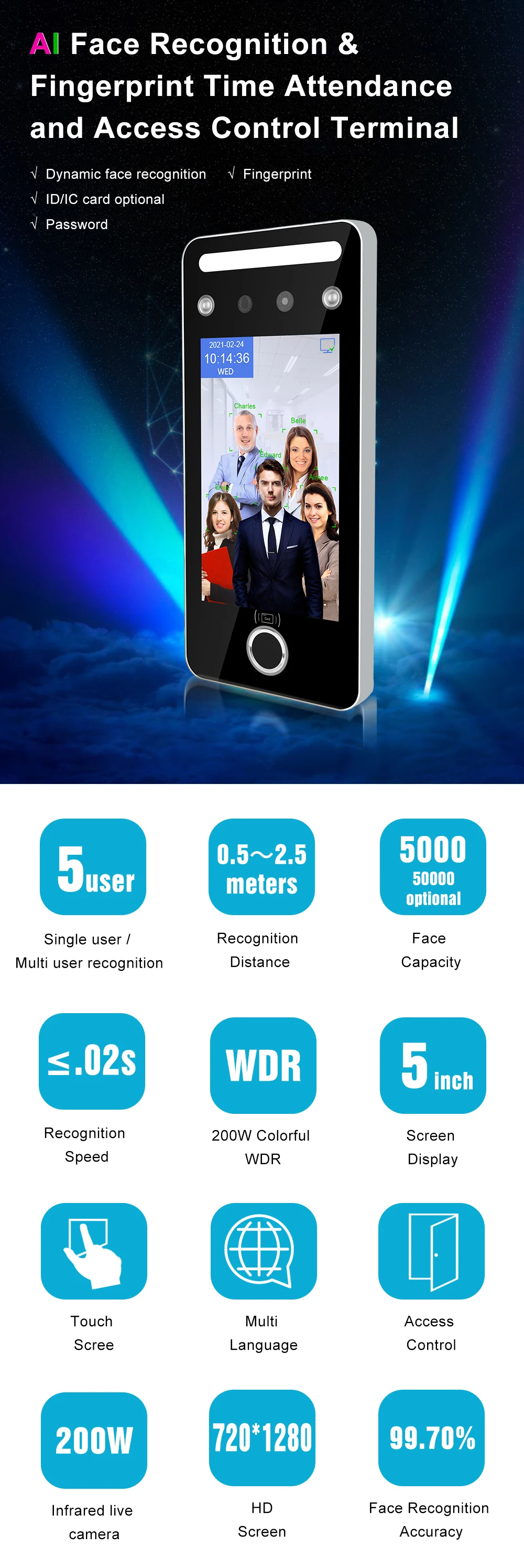 Cloud Fingerprint Attendance Biometric Facial Recognition Camera Door Access Control Products