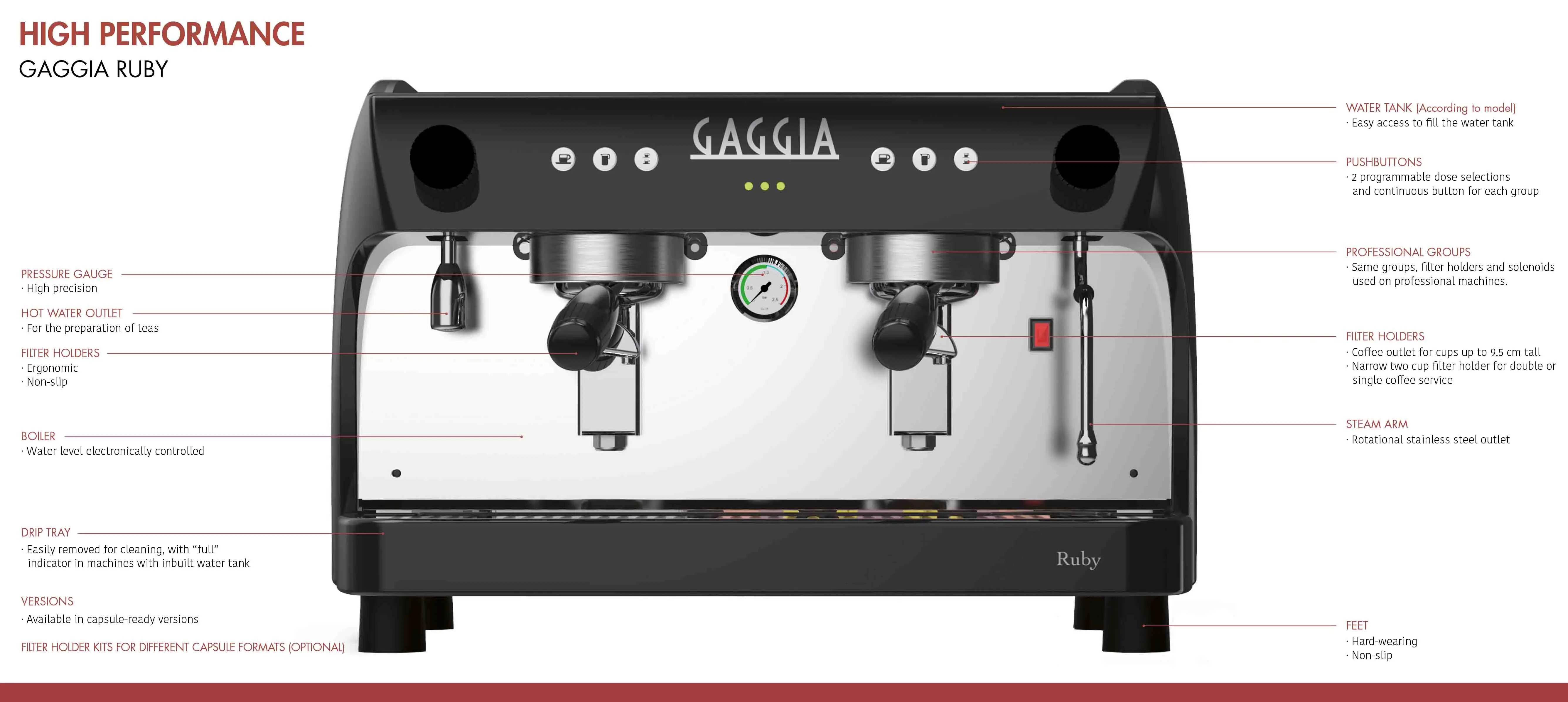 GAGGIA Ruby Commercial Espresso Coffee Machine with 9 Bar Pressure